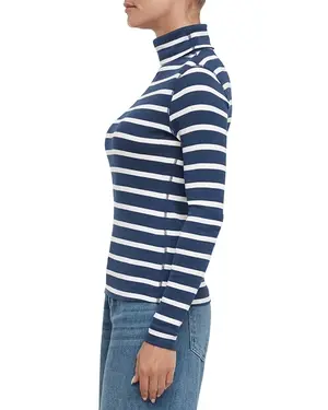 Three Dots Striped Turtleneck Long Sleeve Tee - Medieval Blue