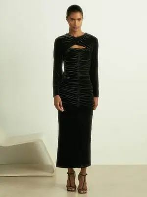 REISS Sia Velvet Ruched Midi Dress - Black