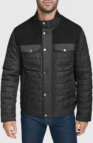 Cole Haan Mixed Media Quilted Jacket - Black