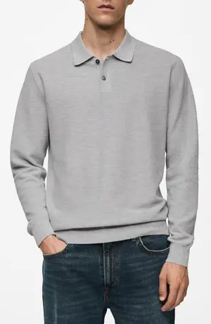 Mango Structured Long Sleeve Polo Top Medium Heather Grey