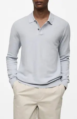 Mango Structured Long Sleeve Polo Top Sky Blue