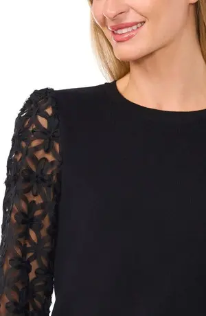 CECE DUPRAZ Mixed Media Lace Sleeve Sweater