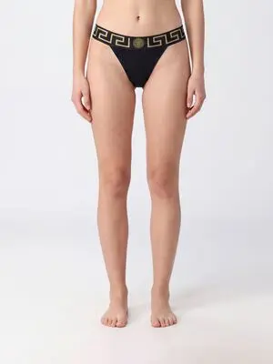 Versace Low-rise Thong In Stretch-cotton With Greca Waistband Black