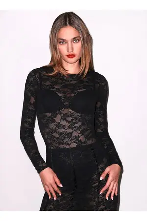 FLEUR DU MAL Le Stretch Lace Long Sleeve Bodysuit - Black
