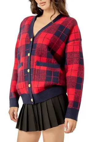 English Factory Oversized Check Cardigan - Burgundy