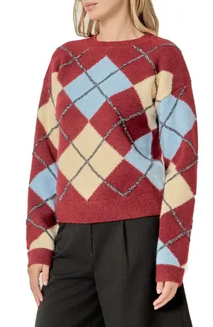 English Factory Argyle Knit Sweater - Burgundy Multi