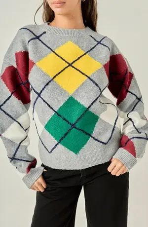 English Factory Argyle Knit Sweater - Light Grey Multi