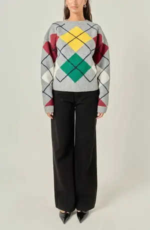 English Factory Argyle Knit Sweater - Light Grey Multi