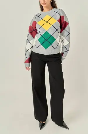 English Factory Argyle Knit Sweater - Light Grey Multi