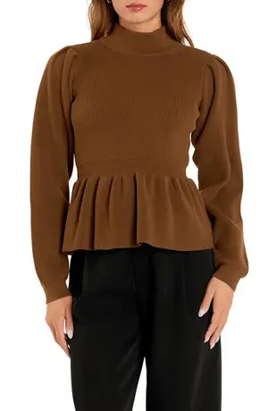 English Factory Mock Neck Peplum Ribbed Sweater - Brown