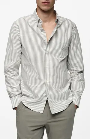 Mango Kodak Stripe Regular Fit Poplin Button-down Shirt Khaki