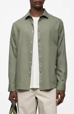 Mango Slim Fit Cotton Button-up Shirt Khaki Green