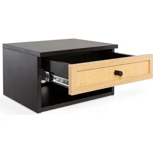 JONATHAN Y Celerie Mid-century Modern Floating Wall Mounted Nightstand With Soft-close Rattan Drawer And Cable Hole - Black/light Oak
