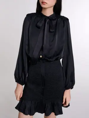 Maje Short Smocked Dress With Pussy Bow Collar