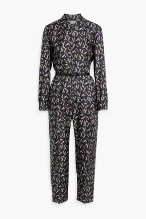 Max Mara Cropped Printed Silk-twill Jumpsuit - Navy