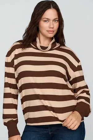 Maeve Cotton Stretch Mock Neck Top - Chicory Coffee/sesame