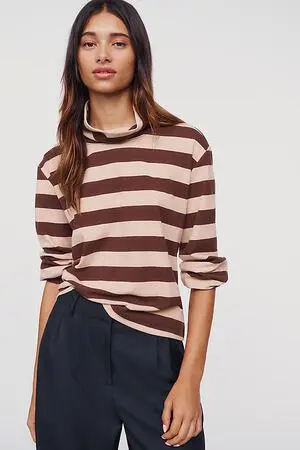 Maeve Cotton Stretch Mock Neck Top - Chicory Coffee/sesame