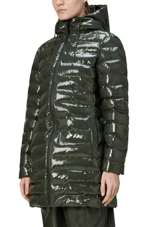 Rains Lohja Curve Waterproof Long Puffer Jacket - Swamp