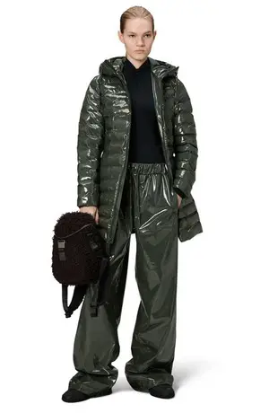 Rains Lohja Curve Waterproof Long Puffer Jacket - Swamp