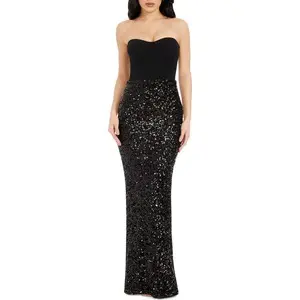 Dress The Population Vada Mixed Media Gown - Black