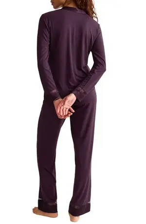 Fleur't Tuxedo Satin Trim Pajamas - Vino