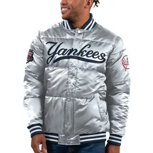 STARTER New York Yankees Bronx Satin Full-snap Varsity Bomber Jacket - Silver
