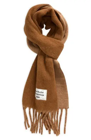 Acne Studios Logo Label Alpaca & Wool Blend Fringe Scarf - Camel/ Beige
