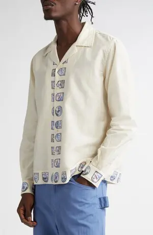 BODE Ski Season Long Sleeve Cotton & Silk Button-up Shirt - Ecru