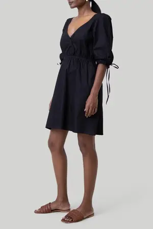 REISTOR Gathered Elbow Sleeve Dress With Puff Sleeves And Tie-up Back - Black