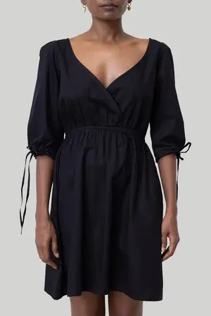 REISTOR Gathered Elbow Sleeve Dress With Puff Sleeves And Tie-up Back - Black
