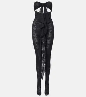 Oseree Ruffled Cutout Lace Catsuit - Black