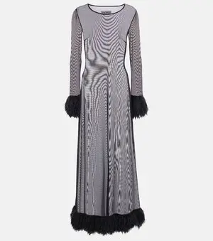 MARINE SERRE Faux Feather-trimmed Mesh Maxi Dress - Black
