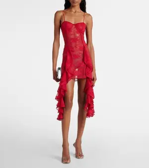 Oseree Ruffled Lace Bustier Dress - Red