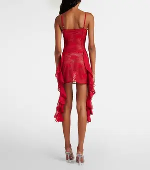 Oseree Ruffled Lace Bustier Dress - Red