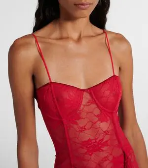 Oseree Ruffled Lace Bustier Dress - Red
