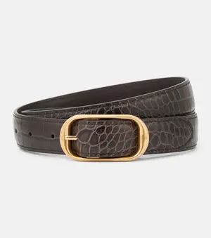 NILI LOTAN Reine Croc-effect Patent Leather Belt - Brown