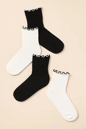Anthropologie Merino Ruffle Crew Socks, Set Of 2 - Black & White Pattern