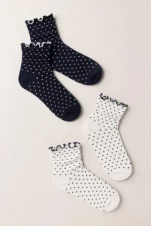 Anthropologie Merino Ruffle Crew Socks, Set Of 2 - Navy/white Dot