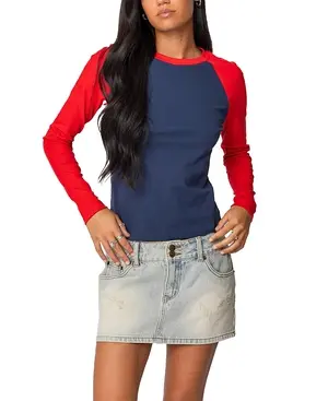 EDIKTED Tommi Raglan Long Sleeve T-shirt - Navy-and-red