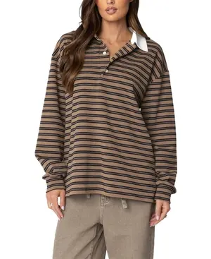 EDIKTED Stripey Oversized Collared Shirt - Brown