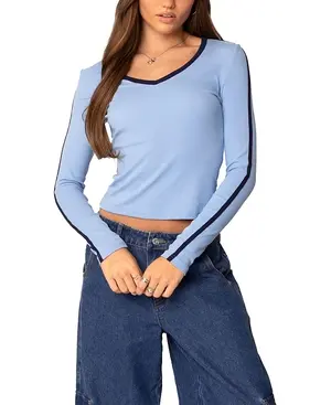 EDIKTED Contrast V-neck Long Sleeve T-shirt - Light Blue