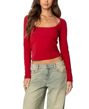 Lace Trim Long Sleeve Tops