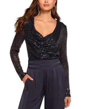 Ramy Brook Leon Beaded Cowlneck Top - Navy Beaded Mesh