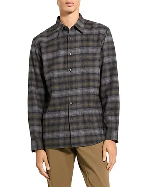 Theory Irving Button Down In Soft Plaid Cotton - Duffle Melange