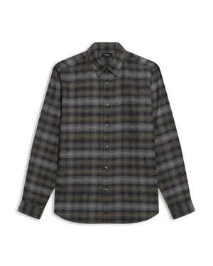 Theory Irving Button Down In Soft Plaid Cotton - Duffle Melange