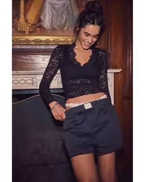 Free People Lace Long Sleeve Top - Black