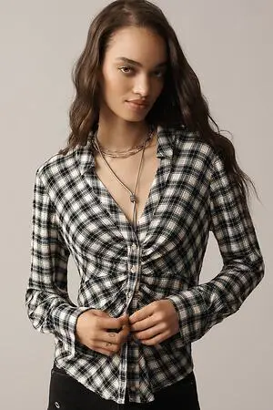 PILCRO The Keaton Ruched Collared Blouse - Black/white Plaid