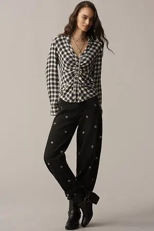 PILCRO The Keaton Ruched Collared Blouse - Black/white Plaid