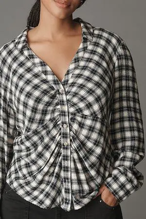PILCRO The Keaton Ruched Collared Blouse - Black/white Plaid