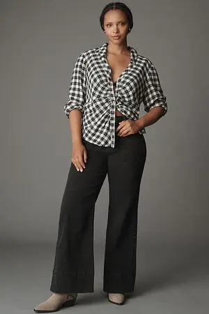 PILCRO The Keaton Ruched Collared Blouse - Black/white Plaid